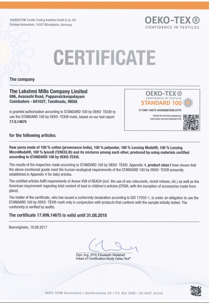 Certifications - Lakshmi Mills Pvt Ltd